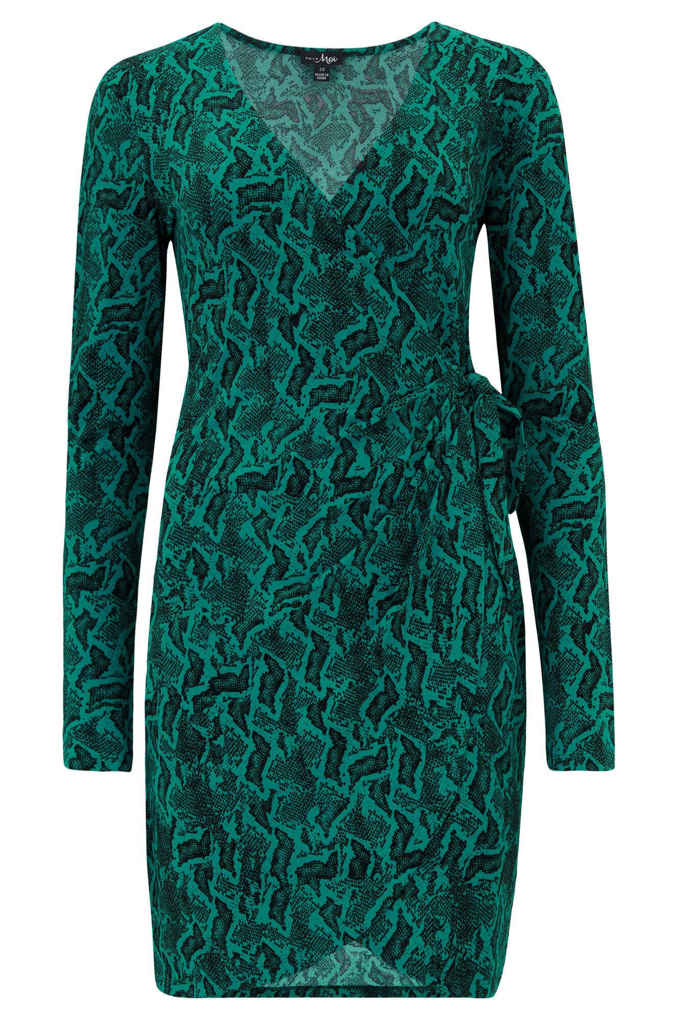 Bryony Fuller Bust Slinky Jersey Wrap Mini Dress in Green/Black | Pour Moi