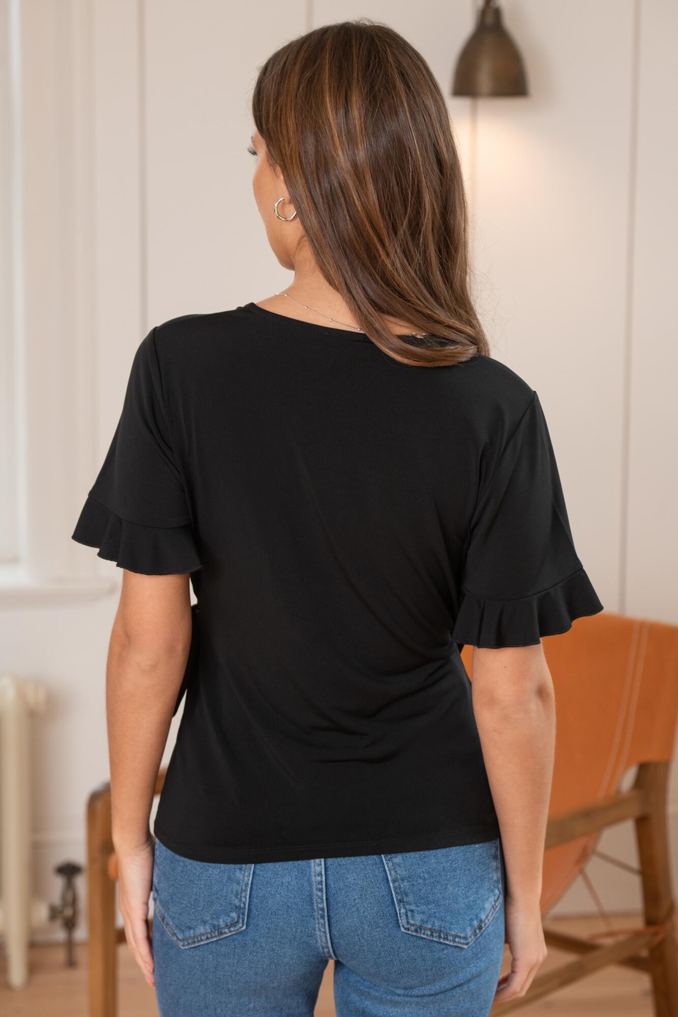 Bryony Fuller Bust Slinky Stretch Short Sleeve Wrap Top in Black | Pour Moi