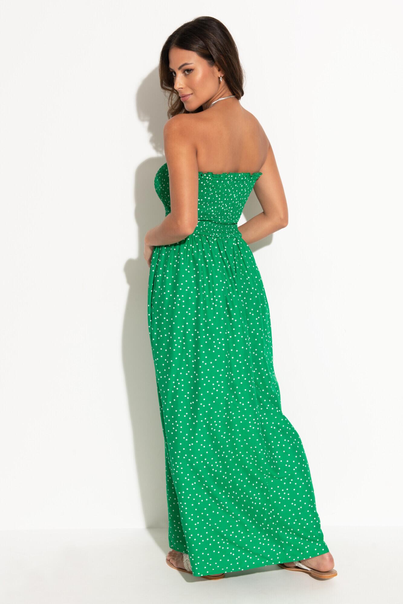 Strapless Shirred Bodice Maxi Beach Dress in Green Spot | Pour Moi