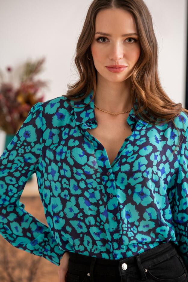 Natalya Fuller Bust Chiffon Shirt in Navy/Aqua | Pour Moi Natalya Fuller Bust Chiffon Shirt in Navy/Aqua | Pour Moi