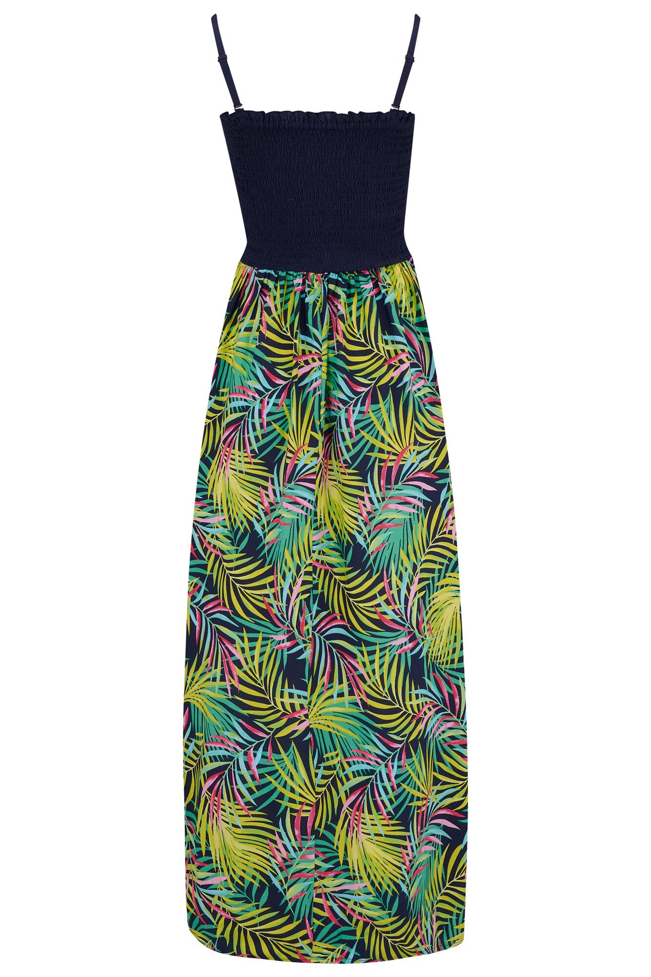 Strapless Shirred Split Maxi Beach Dress in Navy Fern | Pour Moi