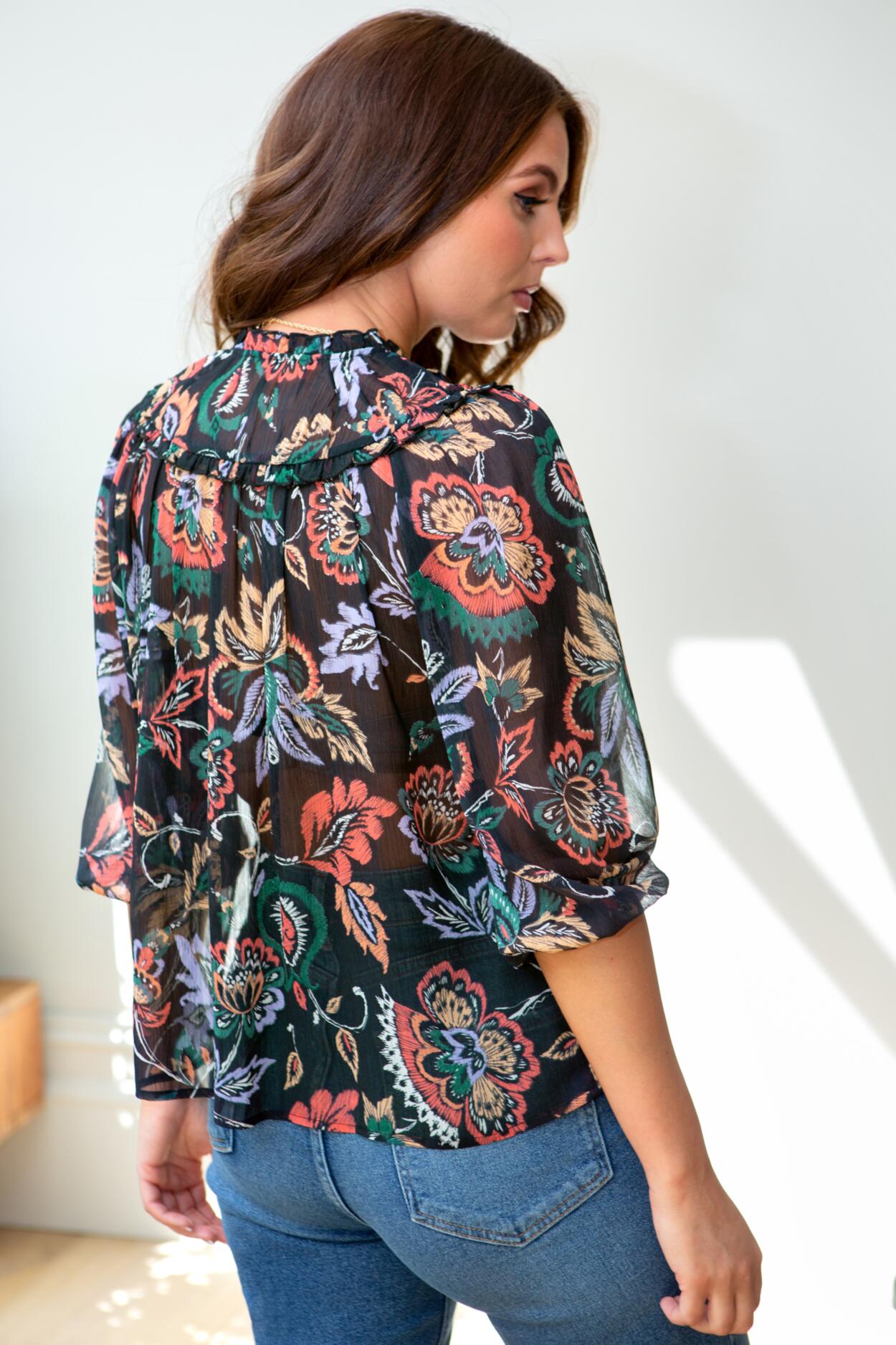 Sian Fuller Bust Chiffon 3/4 Sleeve Boho Blouse in Black Paisley | Pour Moi