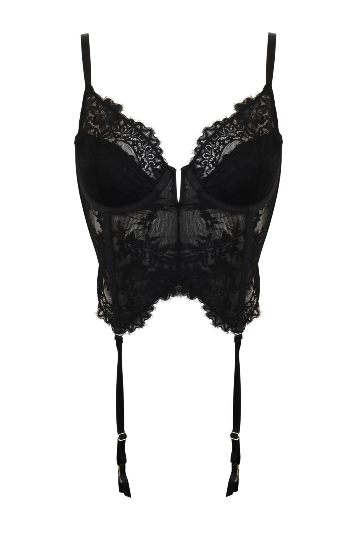 Nova Eyelash Lace Basque Set in Black | Pour Moi